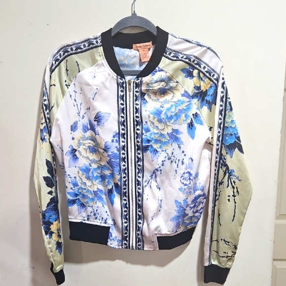 Flying Tomato | Tops | Floral Bomber Jacket With Blue And White Design ...